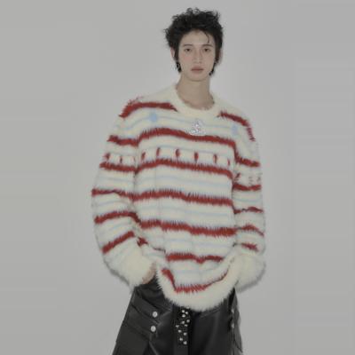 白红条纹休闲颗粒散点针织毛衣