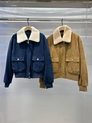 正品裥棉外套2025冬新品可拆毛领翻毛素皮哈灵顿夹克MBE4COT058