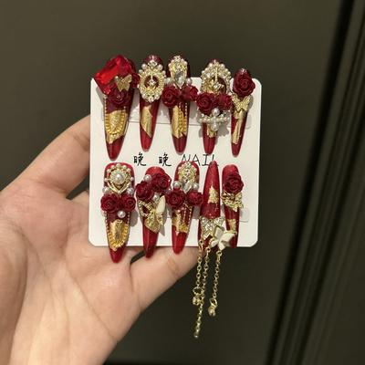 绯红 手工穿戴甲蝴蝶美甲贴纸新工艺复古结婚美甲蝴蝶手工美甲