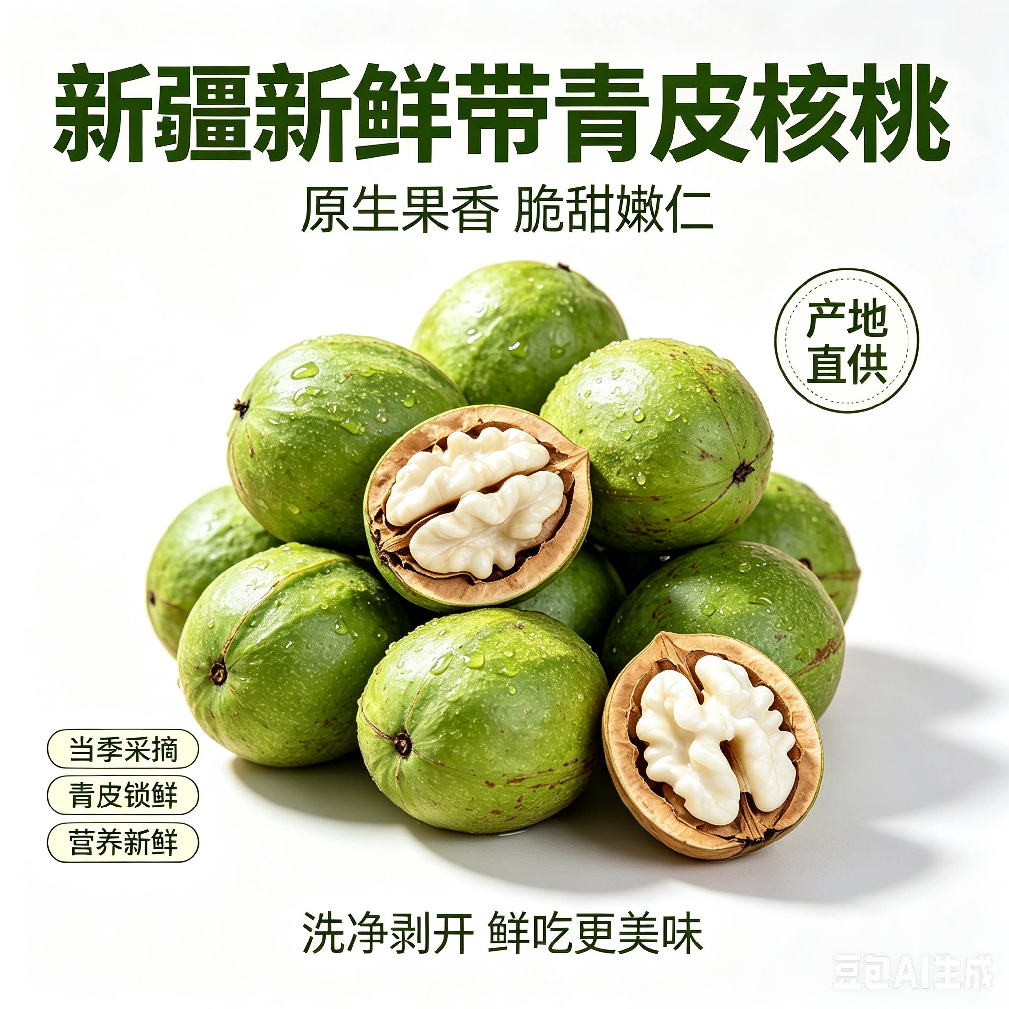新疆185带青皮纸皮核桃新鲜现摘现发产地直发清甜带保鲜利开即食
