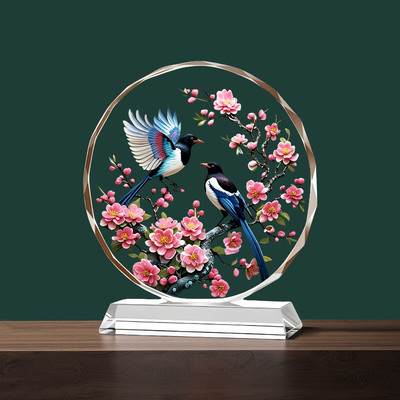 喜上眉梢水晶画工艺品摆件中式婚房客厅结婚礼物送新人装饰品摆台