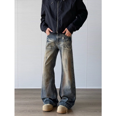 FLYOFF美式复古水洗猫须微喇叭牛仔裤男新款休闲小众情侣拖地裤子