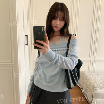 VIVIS TYPE-26年春款吊带一字肩假两件针织衫YS1-3519