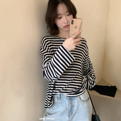 IMISS-26年早春简约圆领条纹舒适长袖T恤R70923
