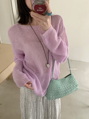 ACME PRETTY 软糯套头马海毛毛衣女韩版宽松慵懒镂空针织上衣8617