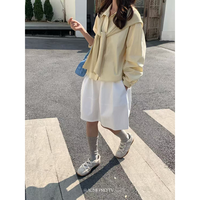 ACME PRETTY早春韩系披肩方领百搭宽松显瘦白色长袖衬衫短上衣E03