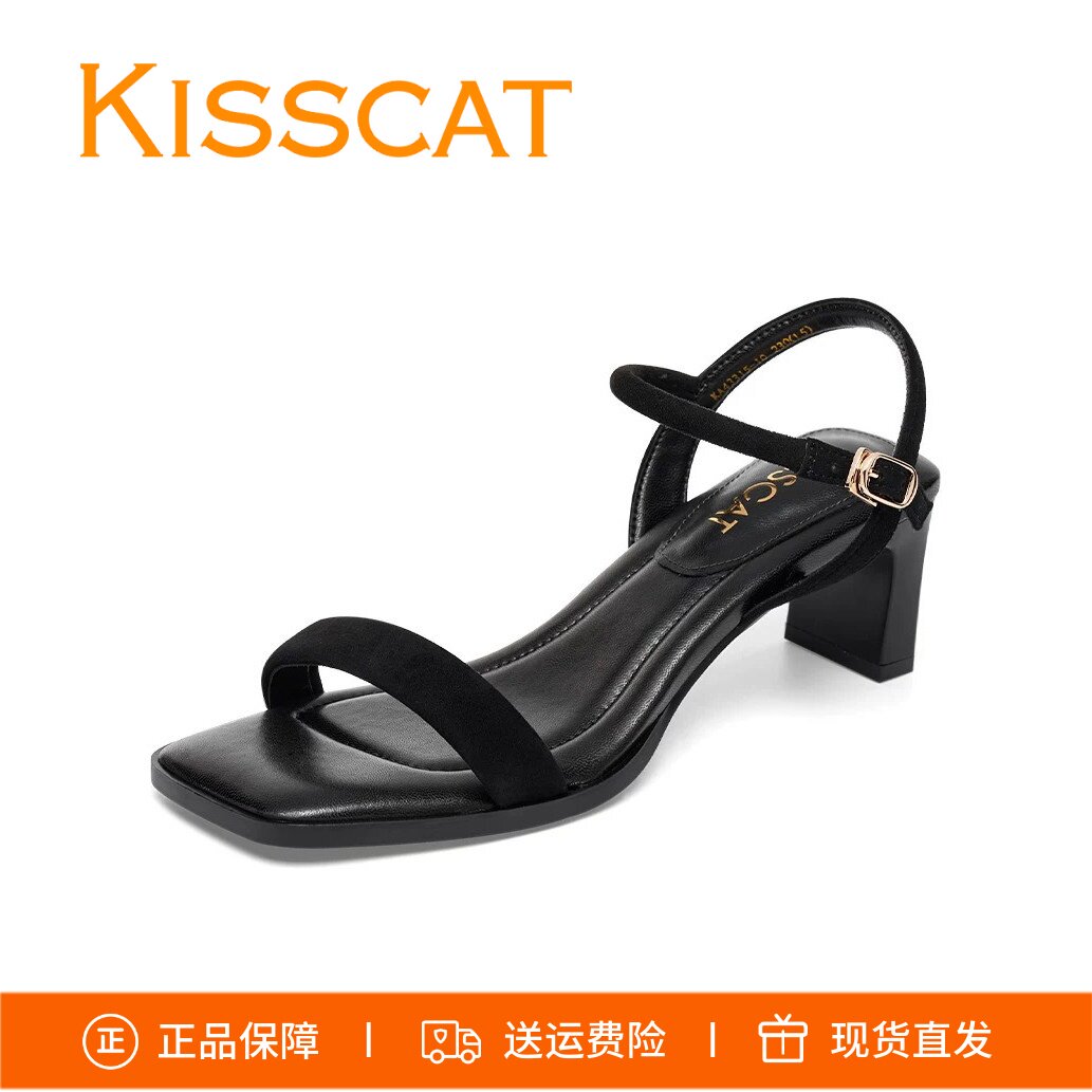 特价KISSCAT接吻猫夏款正品百搭一字带粗跟羊皮女凉鞋KA53315-10