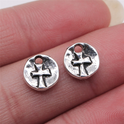20个/包 10x10mm 古银色 DIY配件 圆形十字架吊牌吊坠 ABD-C13587