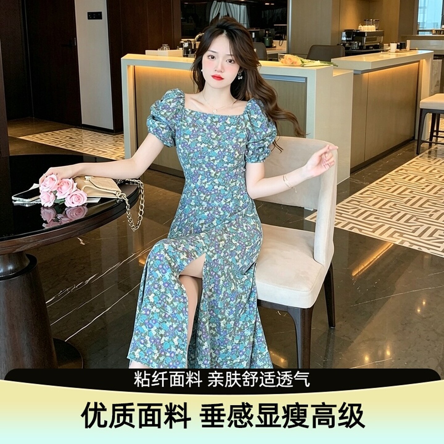 2026年新款法式方领泡泡袖碎花连衣裙女夏季气质名媛高级感雪纺裙