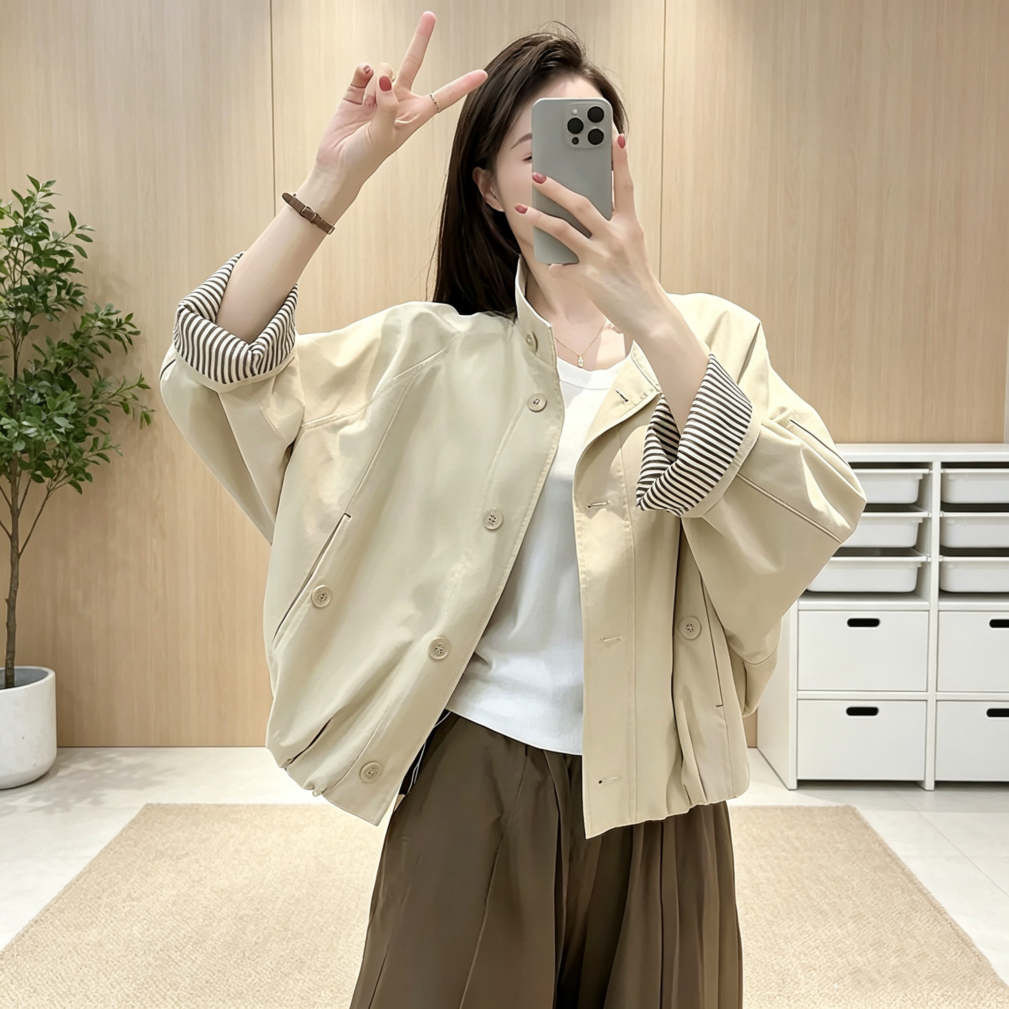 韩系立领短款工装外套女春秋宽松条纹卷袖休闲夹克小个子百搭上衣