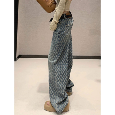 Women Print Denim Jean Pant Long High Waist Trouser牛仔裤女