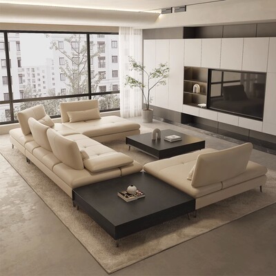 意式极简真皮可移动扶手实木框架