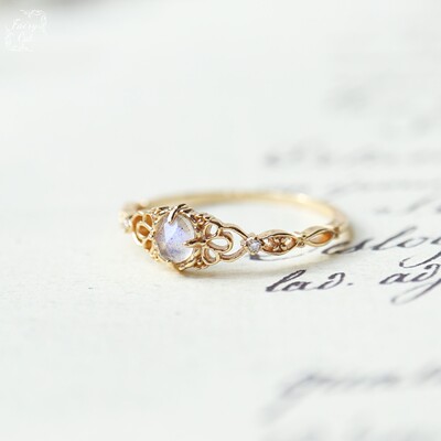 日系NJ同款天然拉长石镂空花纹图案可爱戒指s925银镀金指环银饰品