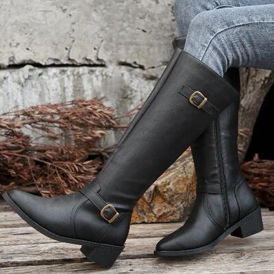 2025 Women's Large Square Buckle Zipper Long Tube Boots