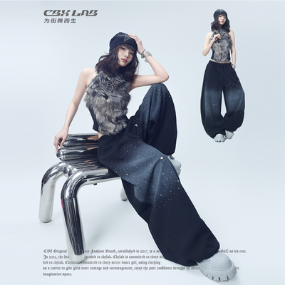 CBXLAB街舞潮牌黑色烫钻星空渐变辣妹复古长裤嘻哈美式街头运动裤