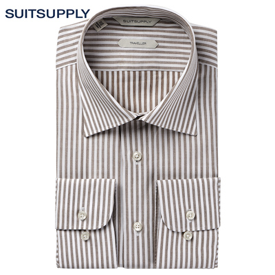 【礼物】奥莱SUITSUPPLY-Traveller棕色棉条纹尖角领免熨烫男士衬