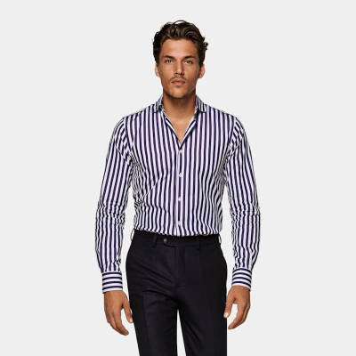 奥莱SUITSUPPLY-藏青色埃及棉条纹弧开领商务男士衬衫
