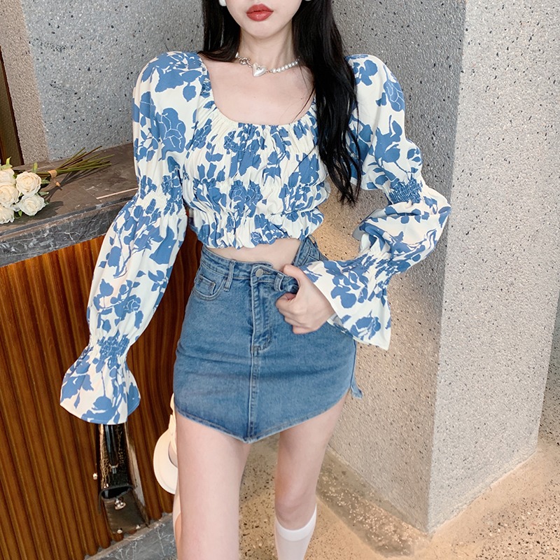 法式复古一字肩碎花泡泡袖衬衫女设计感小众夏季气质性感短款上衣_虎窝淘