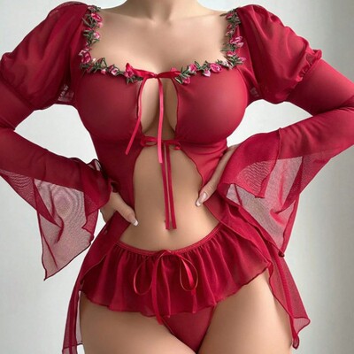 Women swimsuit big red split bikini four piece set比基尼四件