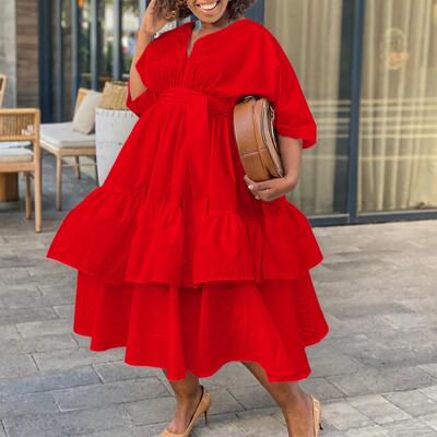 big size fat plus Dresses Women Dress V neck Loose Red 2024