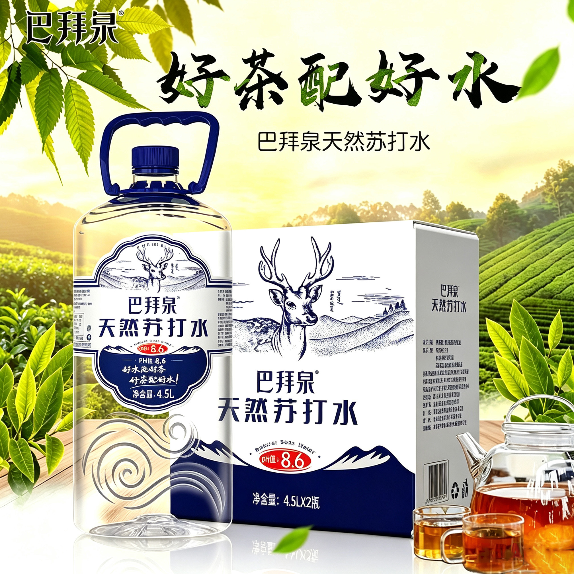 巴拜泉天然苏打水大桶装ph值≥8.6整箱4.5L*2桶*10箱煮饭待客泡茶