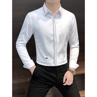 潮牌1212拼色条纹男式高级感痞帅衬衫长袖秋季男士商务刺绣白衬衣