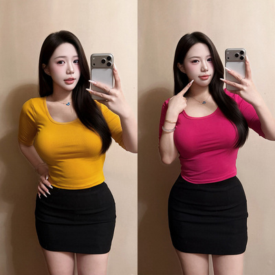 佳佳【热辣T2.0】微胖大码U型领短袖T恤女夏季新款修身显瘦上衣