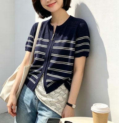 圣仕莲8627 显瘦圆领双头拉链条纹针织开衫女莱赛尔冰丝短袖上衣T