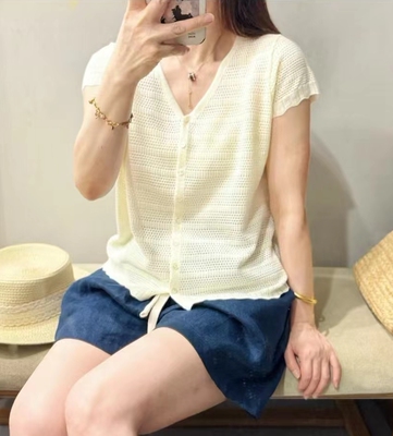 圣仕莲8401 显瘦V领短袖冰丝针织开衫女薄镂空莱赛尔上衣防晒外搭