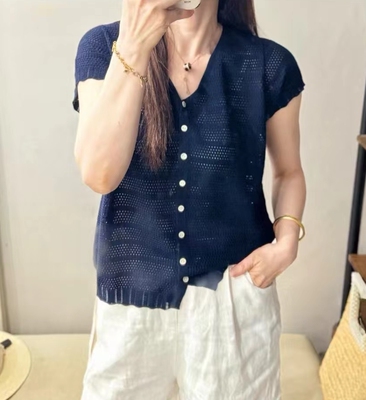圣仕莲8401 显瘦V领短袖冰丝针织开衫女薄镂空莱赛尔上衣防晒外搭