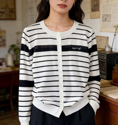 圣仕莲8285 显瘦桑蚕丝圆领条纹针织开衫天丝棉薄款防晒外搭上衣T