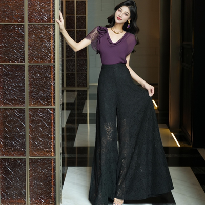 重工勾花时尚拼接收腰蕾丝长裤