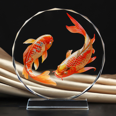 水晶玻璃双锦鲤摆件桌面装饰品圆形年年有余红色鲤鱼运财聚财摆台