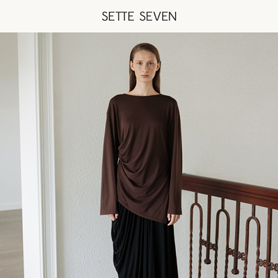 SETTE SEVEN2026早秋褶皱长袖T恤女不规则高级感小众设计感打底衫