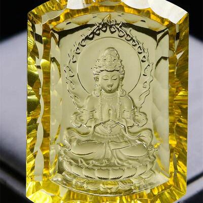 天然巴西黄水晶千禧面手工雕刻观音菩萨项链吊坠钻石切工105.6g即