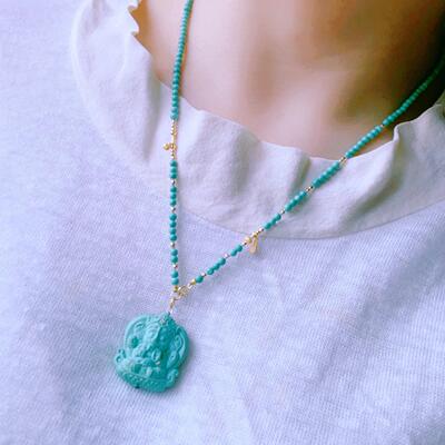 天然湖北原矿绿松石四臂象神吊坠项链 高瓷 18k金配饰 17.45克jd0