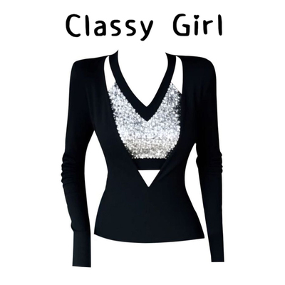 秋冬镂空V领假两件T恤打底衫上衣