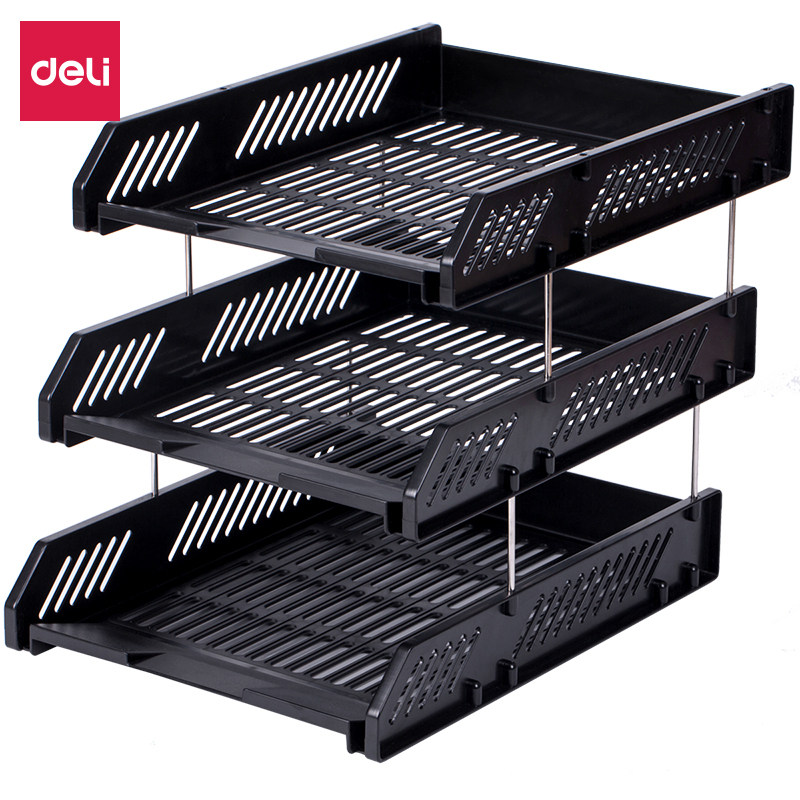 qd【办公采购批发】得力三层加厚文件架资料文件座收纳架办公用品档案筐多层桌面塑料书架简易桌上文件框资料_虎窝淘