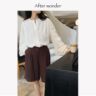 afterwonder咖啡色五分裤亚麻复古休闲宽松慵懒极简设计法式短裤