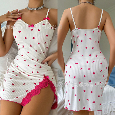 Print Home Wear Women's Lace Sexy Slit Suspender Skirt Night