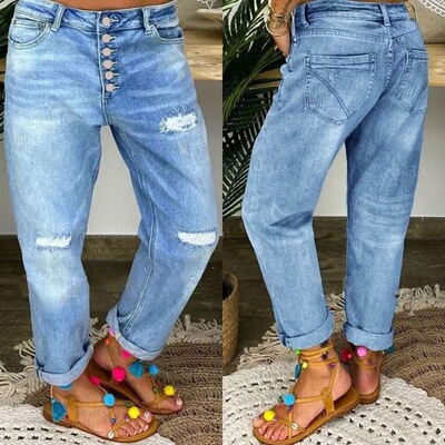 2026 Blue Ripped Women's Loose Washed Straight Casual Trouse