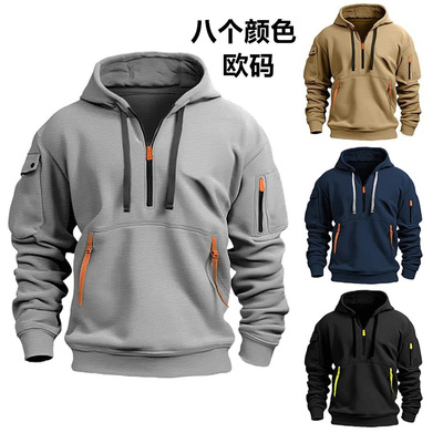 Men's Hoodie Half Zip Multi-pocket Pullover Men's Ribbon Hoo
