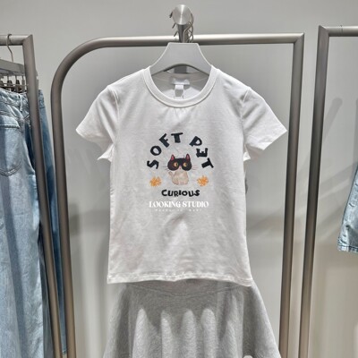 UR&DC2026夏季新款甜美风休闲做旧猫咪字母印花短袖T恤女短款上衣