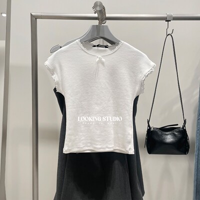 UR&DC2025夏季新款甜美风拼接圆领蕾丝花边修身短袖T恤女短款上衣