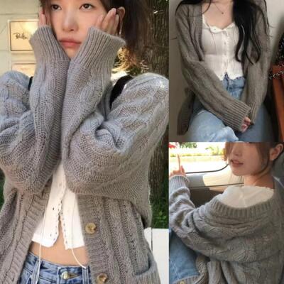现货闭眼入韩国th*Bar*net气质复古麻花针织开衫百搭毛衣外套女