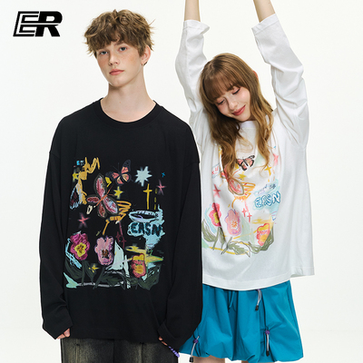 【向鱼同款】ER国潮原创彩绘圆领长袖t恤春oversiz情侣装内搭上衣