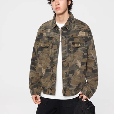 美式高街复古迷彩牛仔外套男