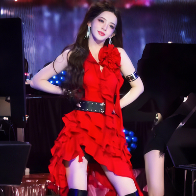 KLIOU 迅猛龙特蕾莎热辣花朵装饰挂脖连衣裙女荷叶边显瘦不规则裙