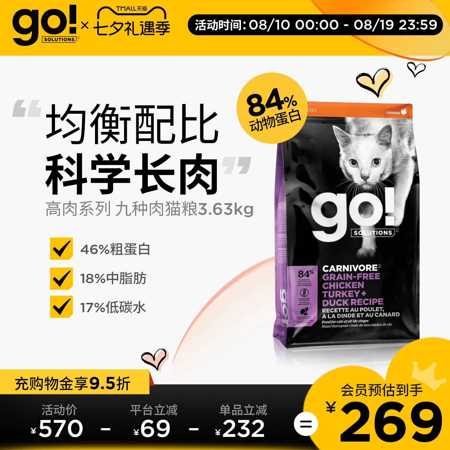GO猫粮进口无谷九种肉46%高蛋白营养长肉低温慢煮幼猫成猫