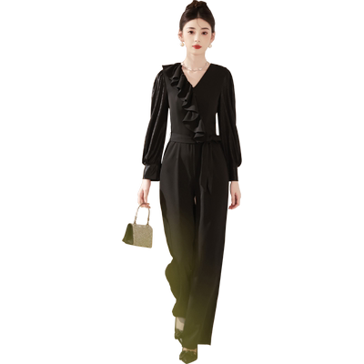 阿莲莉赫本V领裤装连体裤裙黑色